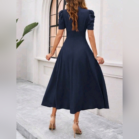 Dresses | New Classic Textured Stripe Ruched Waist Puffed Sleeve Midi ...